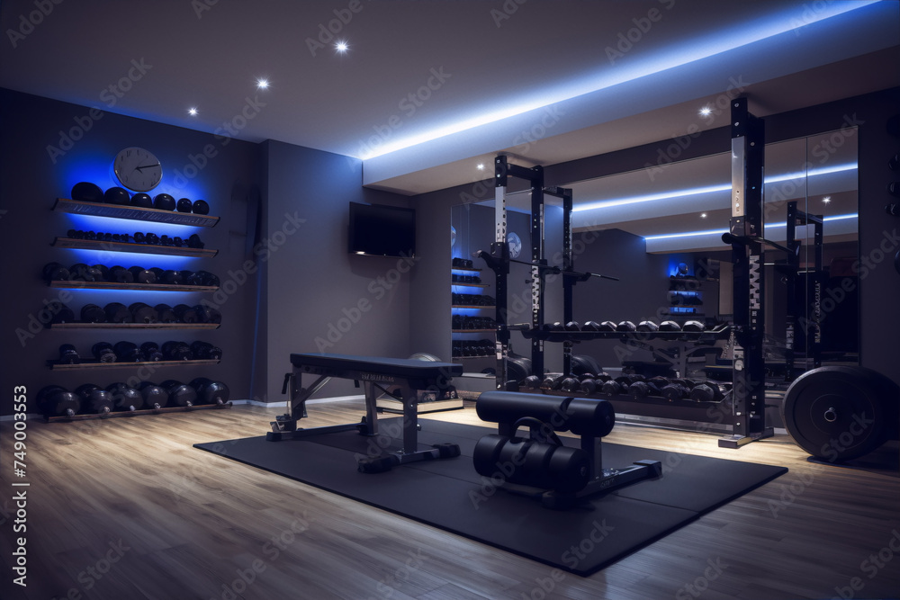 Blue and gray home gym with a rubber floor, weightlifting equipment ...