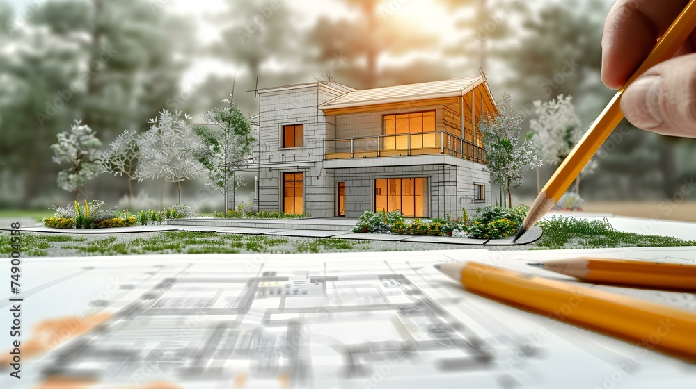 Architect Shows Hand-Drawn Barn House Sketch on Vacant Lot. Concept ... Architect Shows Hand-Drawn Barn House Sketch on Vacant Lot. Concept ...