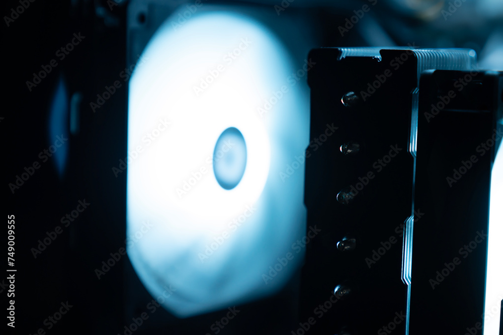 Detail of the interior of the PC gamer case. Motherboard, CPU tower ...