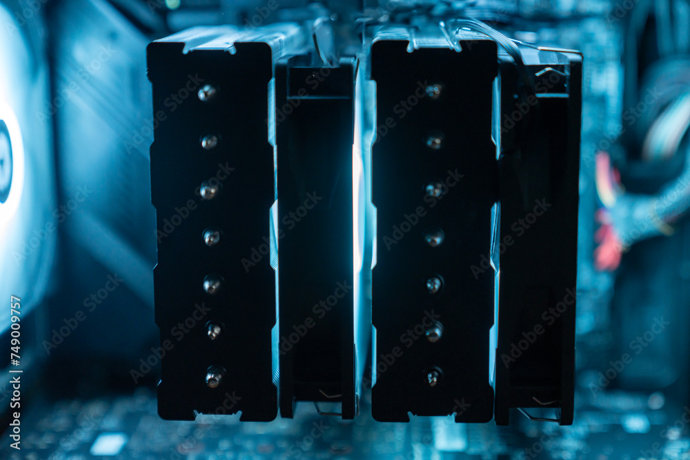 Detail of the interior of the PC gamer case. Motherboard, CPU tower ...