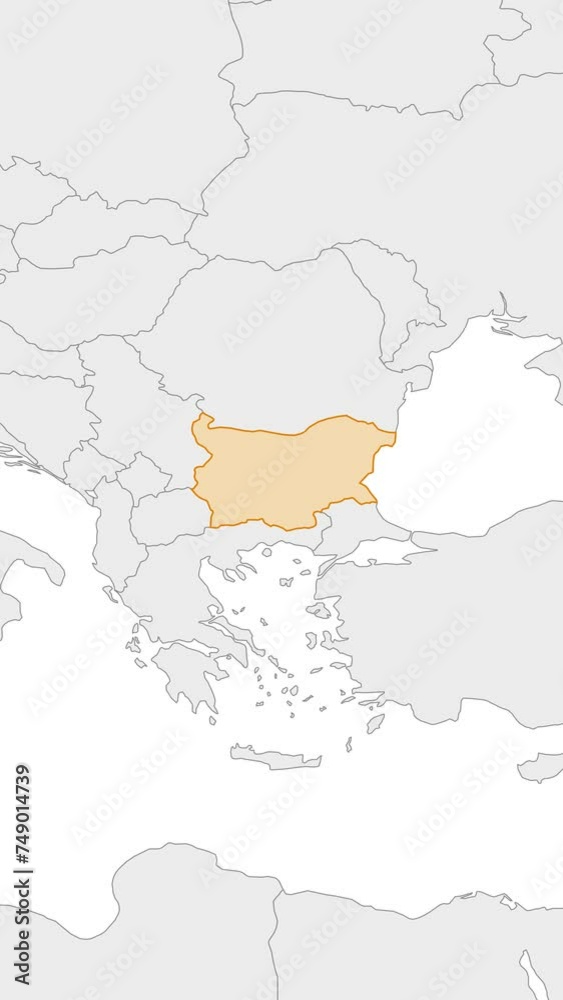 Bulgaria country map on the world map. Vertical Video Animation of map ...