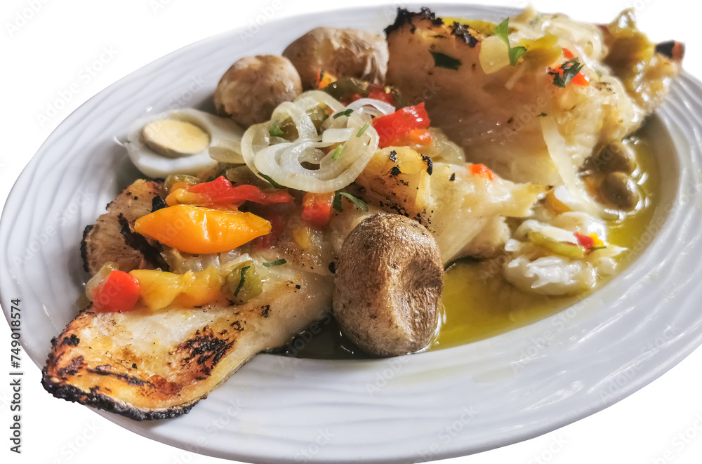 View of a typical Portuguese dish, named Bacalhau à Lagareiro, grilled ...