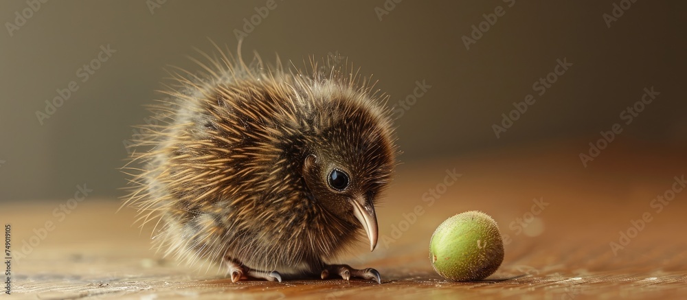 A baby kiwi bird is shown in a close-up shot interacting with a tennis ...