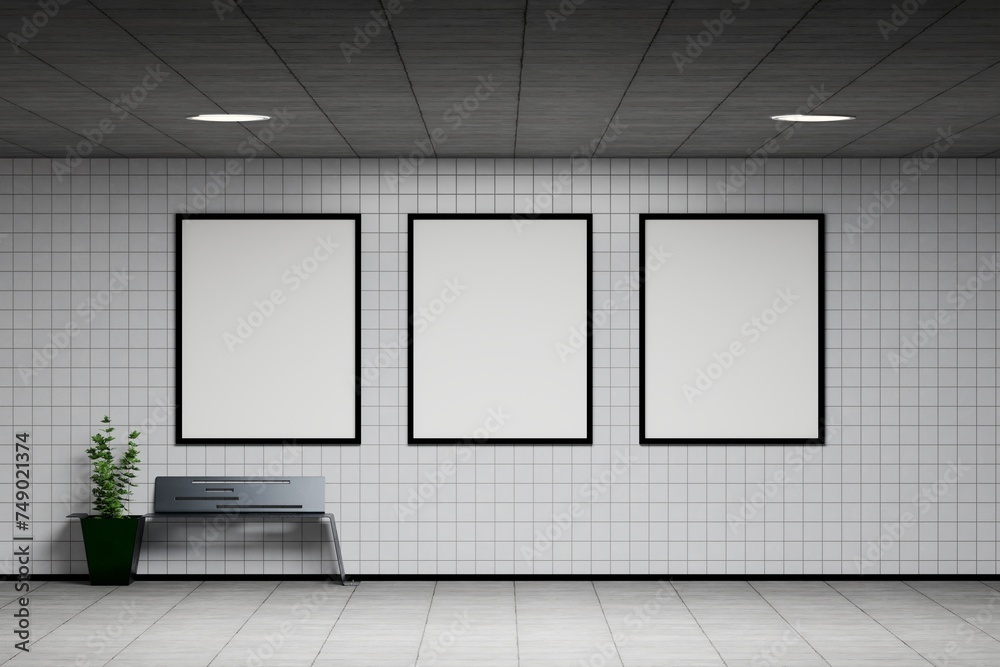 blank poster in public place. Circle light box mockup on underground ...