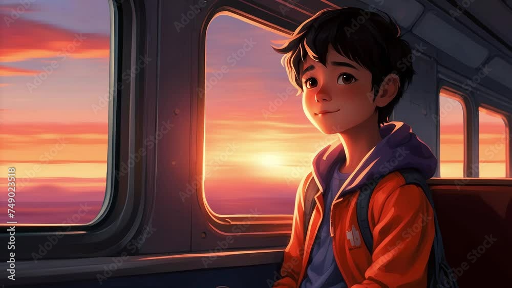 A little boy in the train window, enjoying the sunset,lofi animation ...