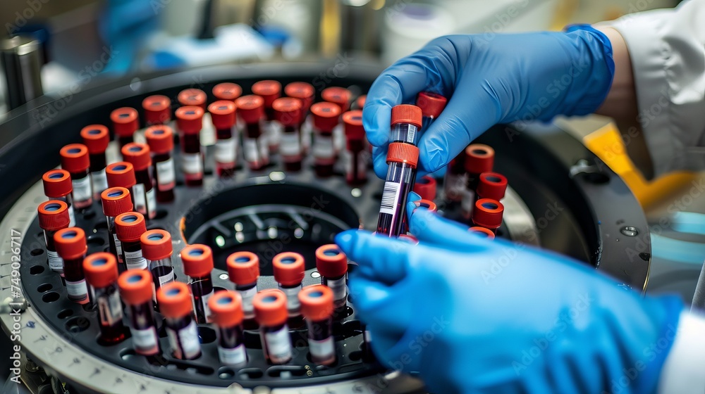 A technician is shown placing blood tubes into the laboratory ...