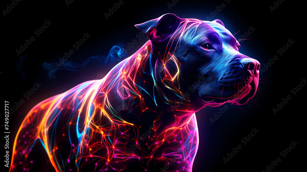 Pitbull Dog Portrait Animal Plexus Neon Black Background Digital ...