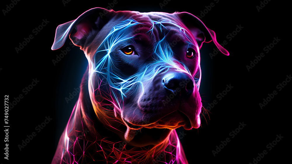 Pitbull Dog Portrait Animal Plexus Neon Black Background Digital ...
