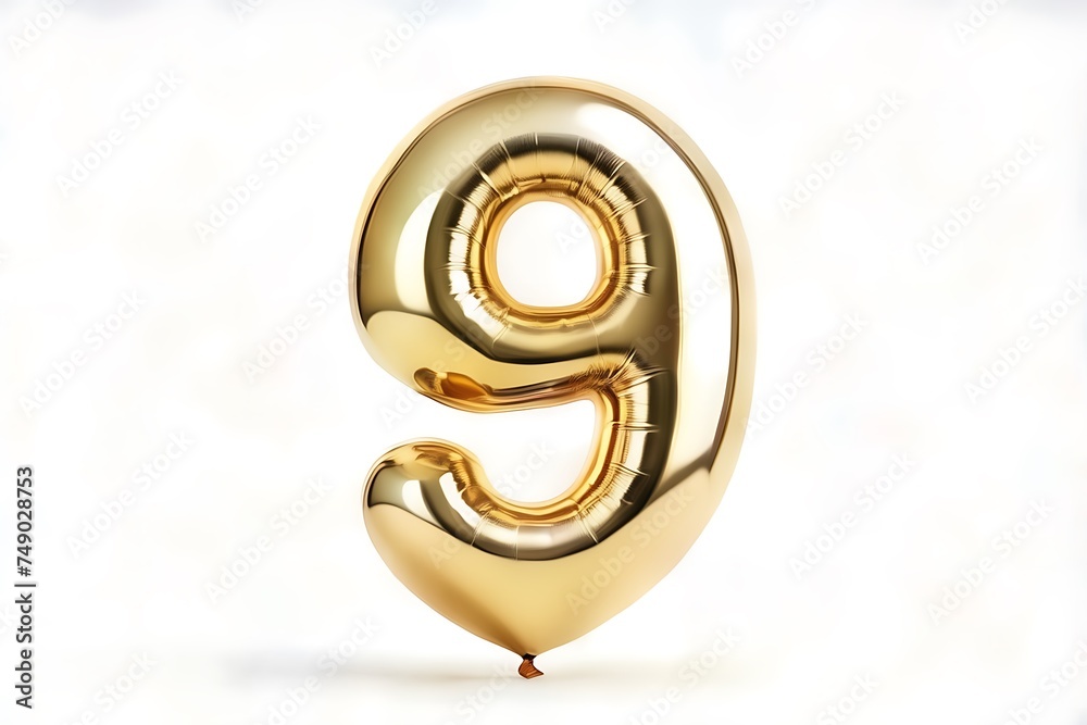 golden balloon shape for number 9 on white background, Golden number ...