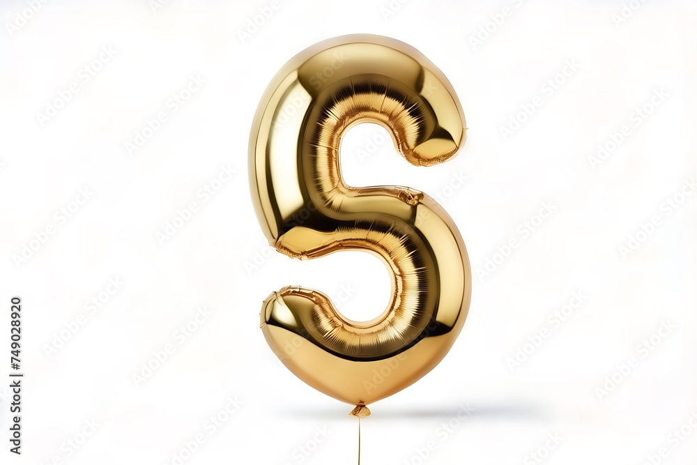 golden balloon shape for number 5 on white background, Golden number ...