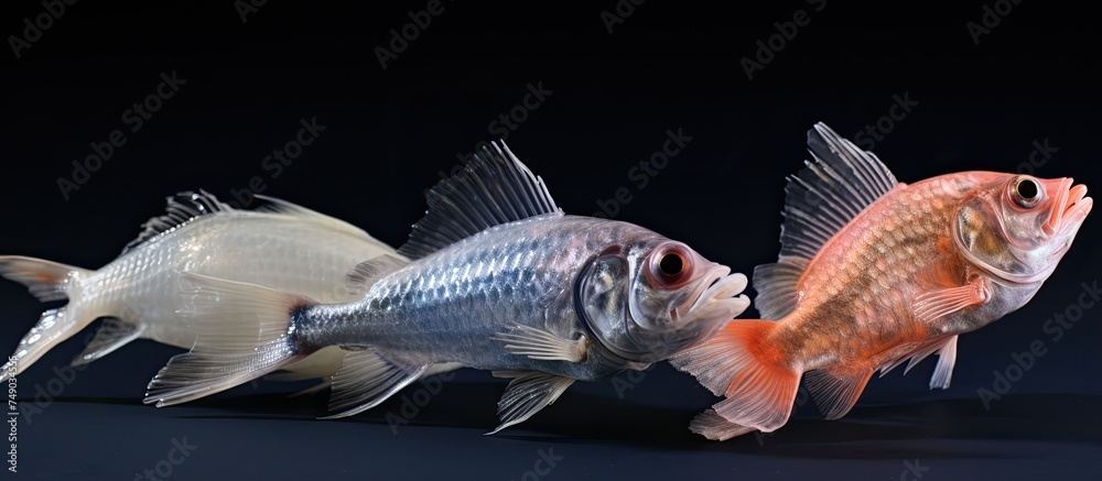 Two vibrant goldfish are standing side by side in a fish tank ...