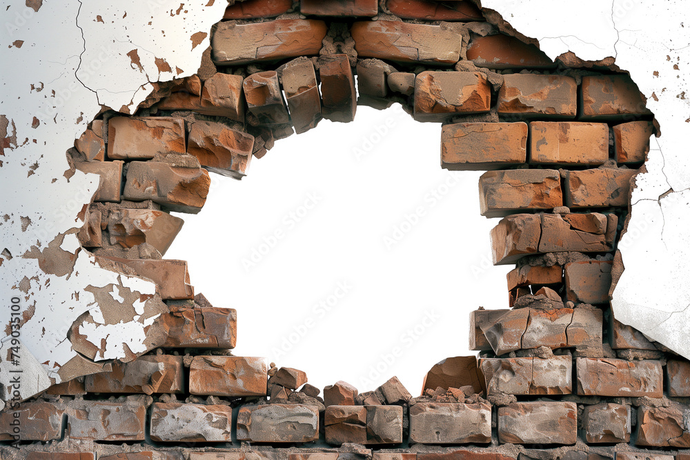 An irregular hole smashed through a weathered brick wall with crumbling ...