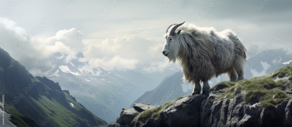 A mountain goat, with thick fur and curved horns, is standing ...
