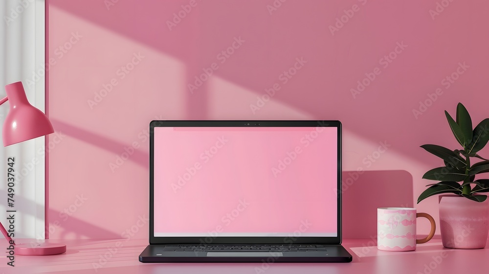 empty blank pink laptop screen mockup for business professional female ...