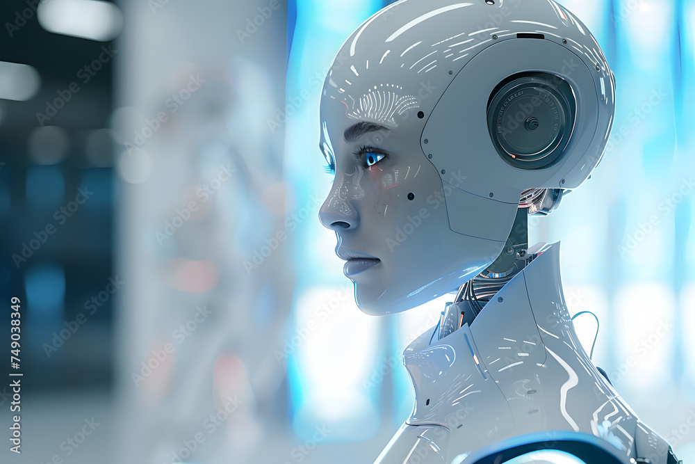 Artificial intelligence concept, humanoid robot interacting with humans ...