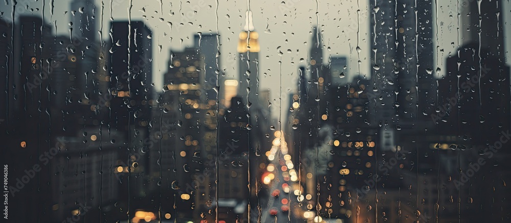A cityscape is visible through a rain-covered window, with buildings ...