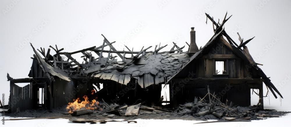 A black and white depiction of a house engulfed in flames, with charred ...