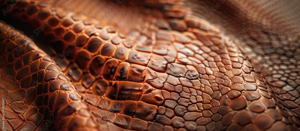 This close-up shot captures the intricate details of a brown snake skin ...