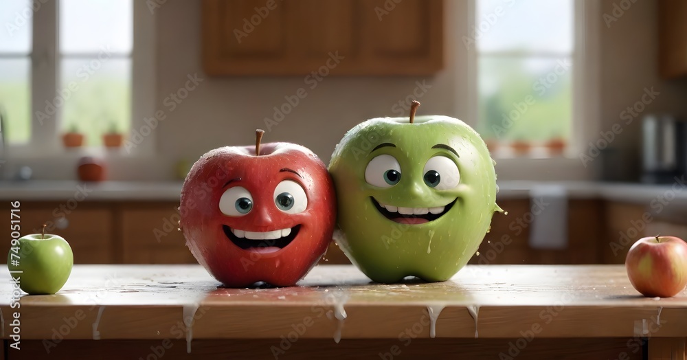 A mischievous apple character is splattered with juice, creating a ...