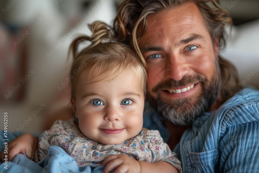 A heartwarming image showing a smiling father with his baby, both with ...