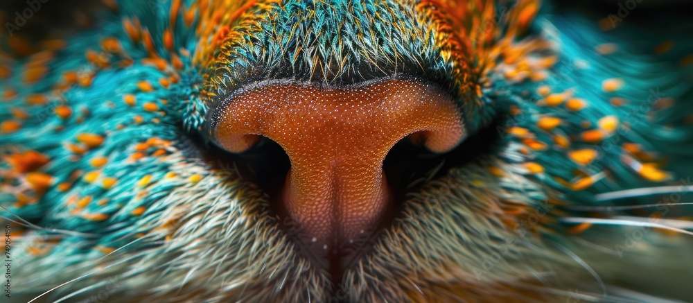 This close-up view showcases the intricate details of a colorful cats ...