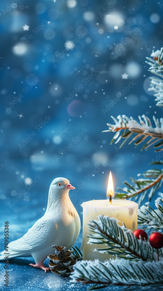 christmas scenario, candle and holy spirit in the form of a white dove ...