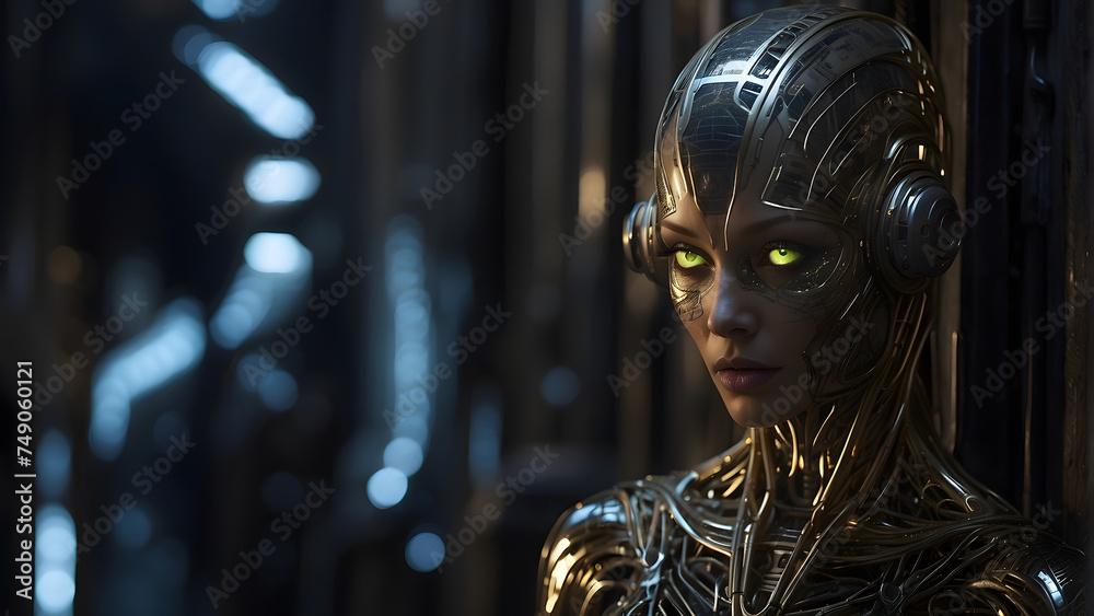 This image features a female android with a highly detailed mechanical ...