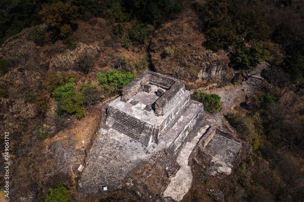 Aerial view of the archaeological zone of the Pyramid of Tepozteco in ...
