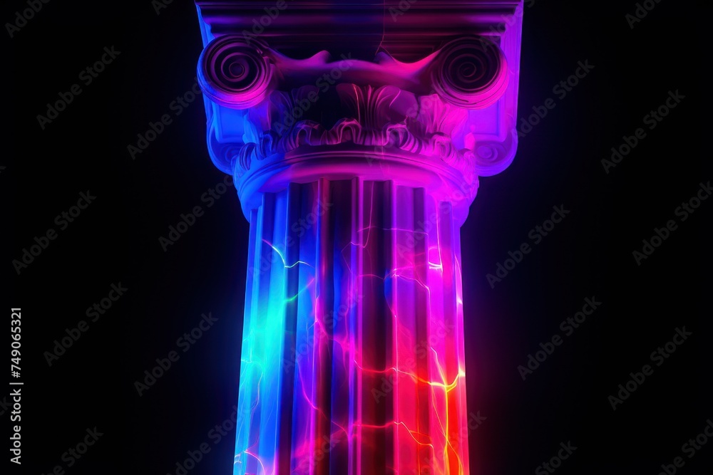 Close up of an ancient Greek column illuminated by neon lights ...
