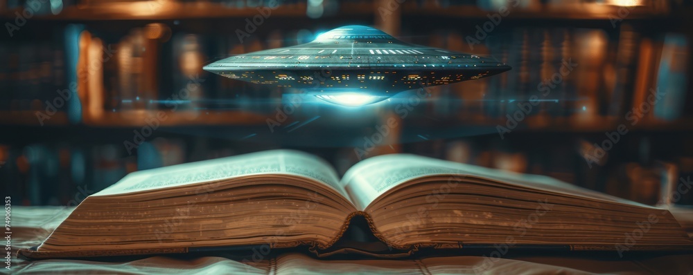 Close up of an open book with a minimalist drawing of a UFO encounter ...