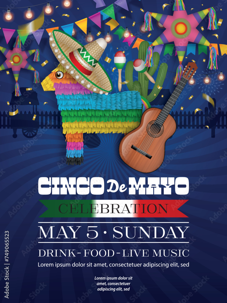 Cinco de Mayo poster with donkey pinata with sombrero and guitar. Cinco ...