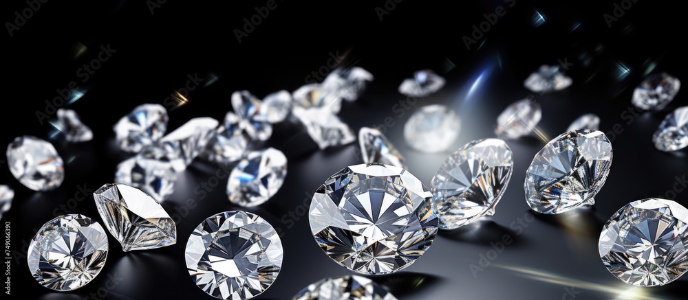 A group of sparkling diamonds is arranged on a sleek black surface ...