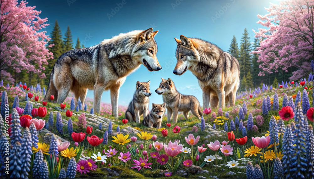 Heartwarming scene of a wolf family with pups in a spring meadow ...