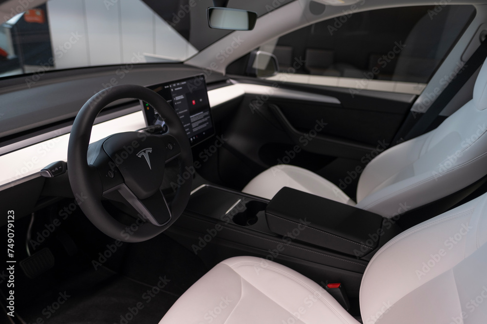closeup steering wheel, Interior, cockpit of Tesla car model Y ...
