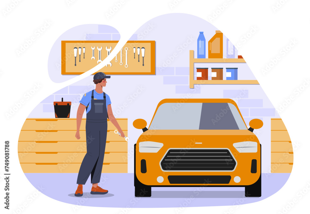 Car repair service. Man in uniform near yellow vehicle. Repairman at ...