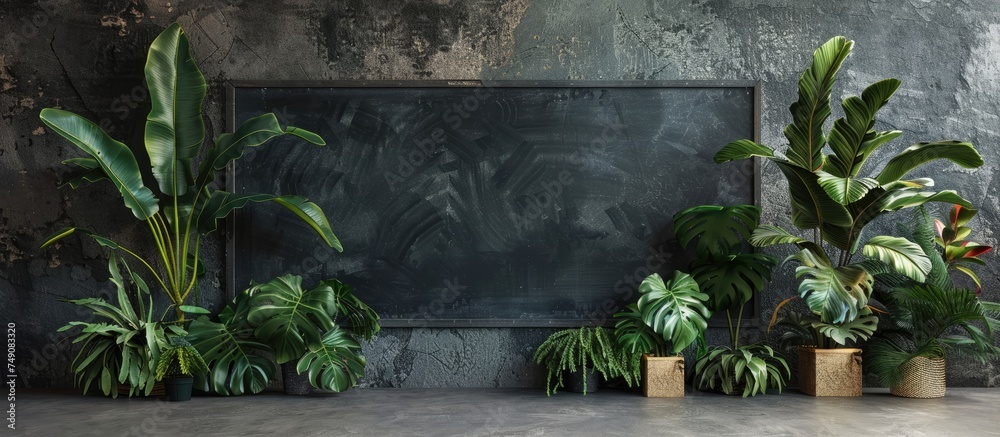 A collection of various potted plants displayed in front of a ...