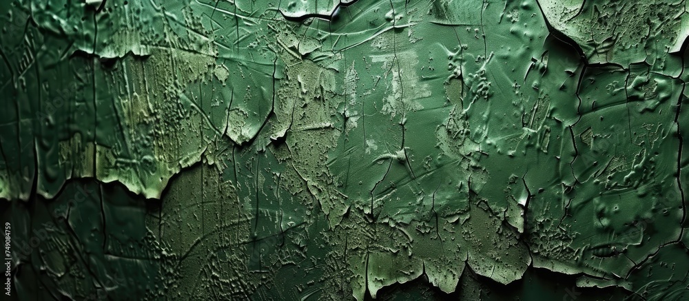 A detailed view of green textured paint on a wall, with dark edges ...