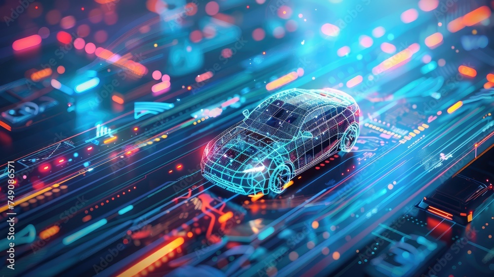 Illuminated wireframe car on digital backdrop - A dynamic image of a ...