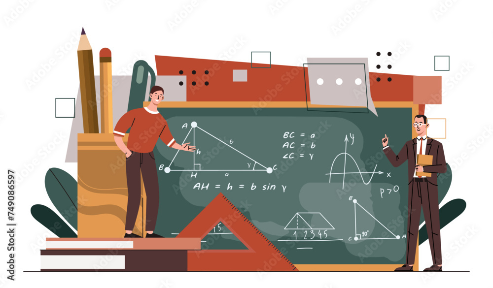 Mathematician near chalkboard. Two men near blackboard with formulas ...
