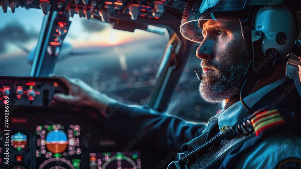 Pilot in Cockpit at Sunset Flight - A pilot in aircraft cockpit with ...