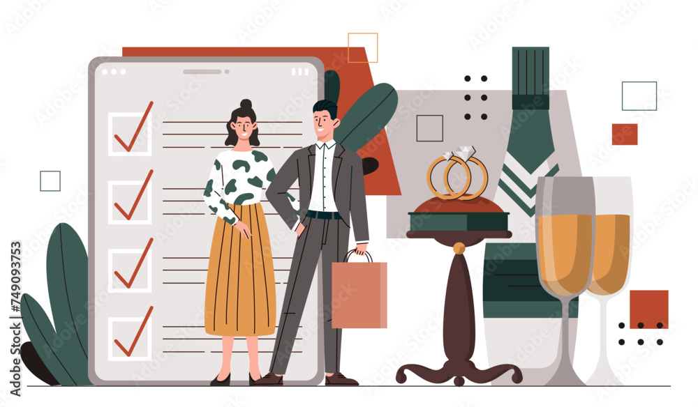 People with wedding planner. Man and woman near notepad and golden ...