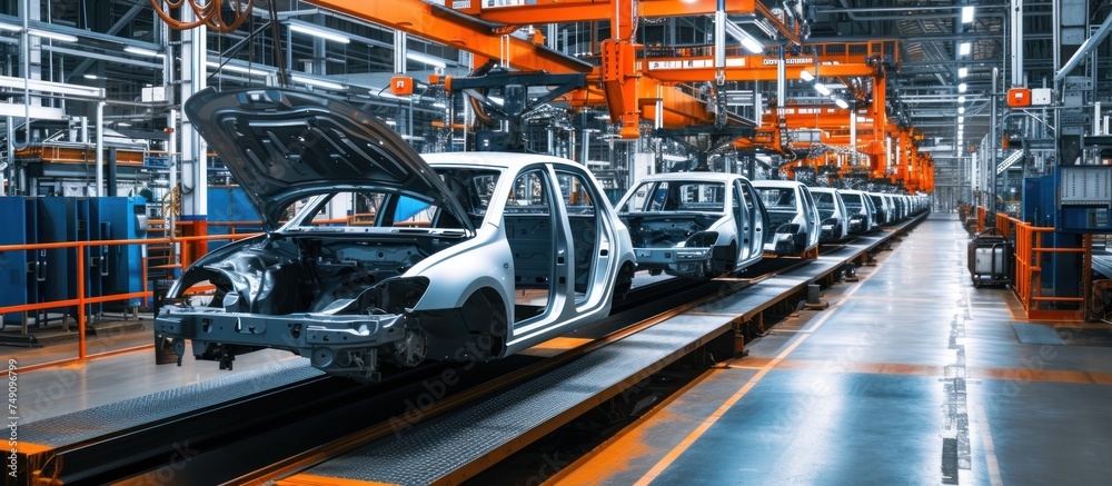 Car production factory, Automated robot arm assembly manufacturing ...