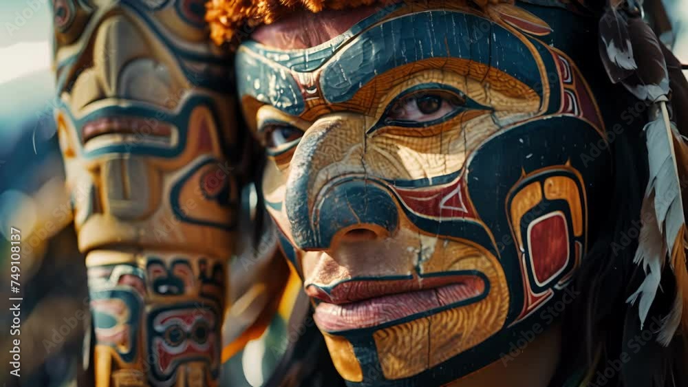A formidable Tlingit warrior dons a ceremonial mask while carrying a ...