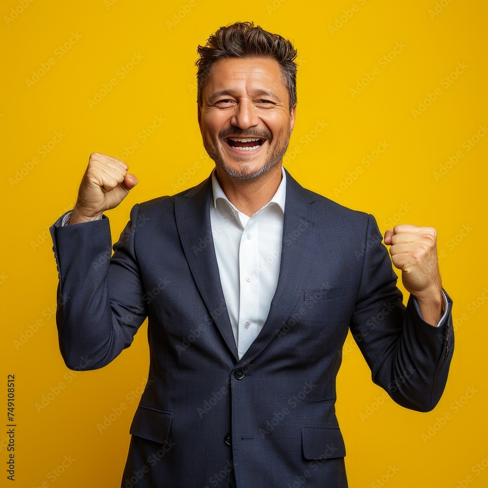 Handsome young man in business attire expressing himself by He clenched ...