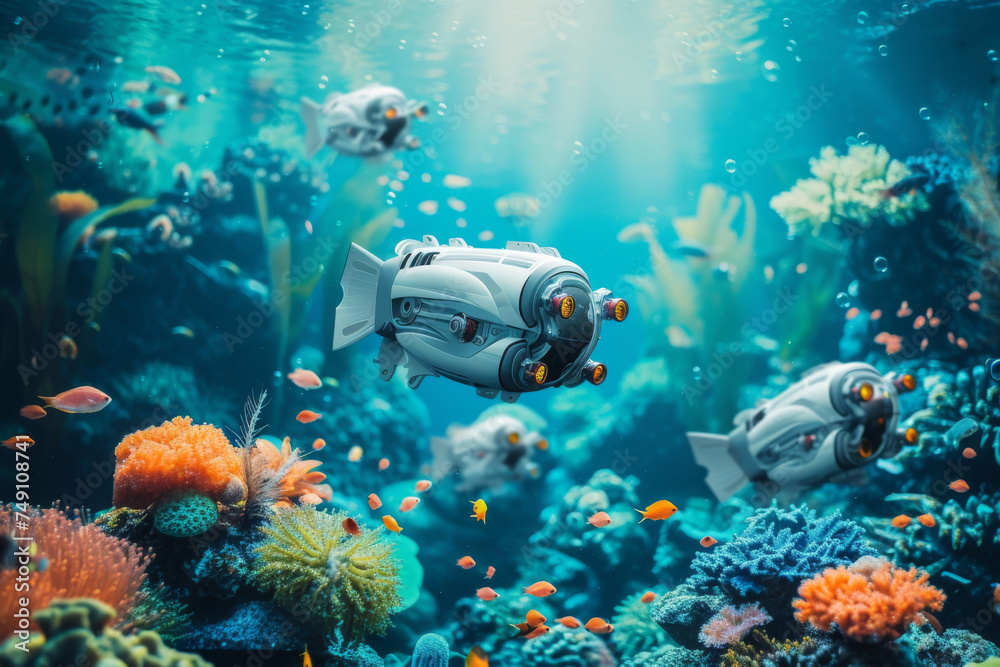 Robotic observation marine life in the ocean background, Underwater ...