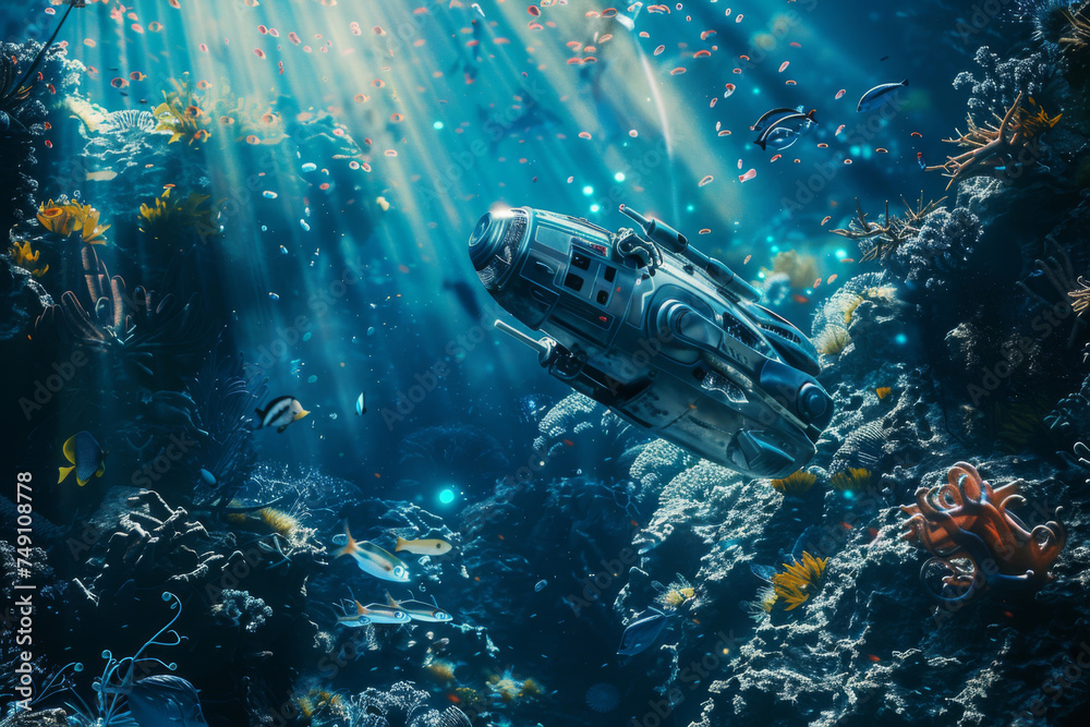 Robotic observation marine life in the ocean background, Underwater ...