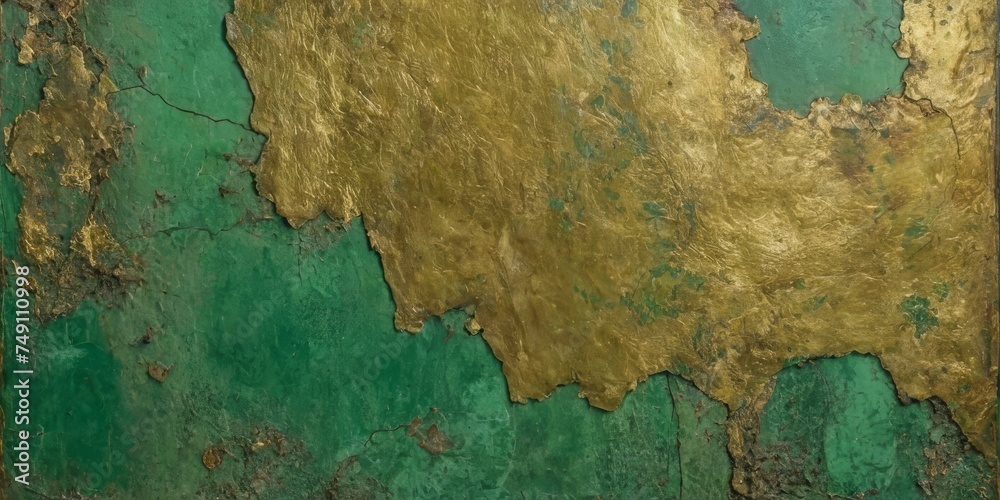 Distressed painted antique wall in green, pine green and gold texture ...