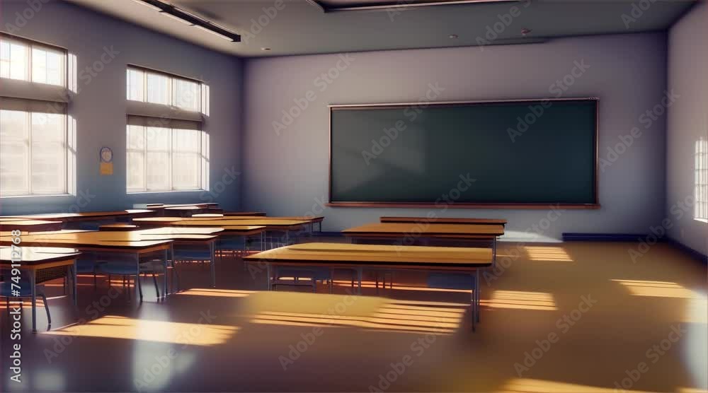 School classroom with furniture, including tables, chairs, and a TV ...