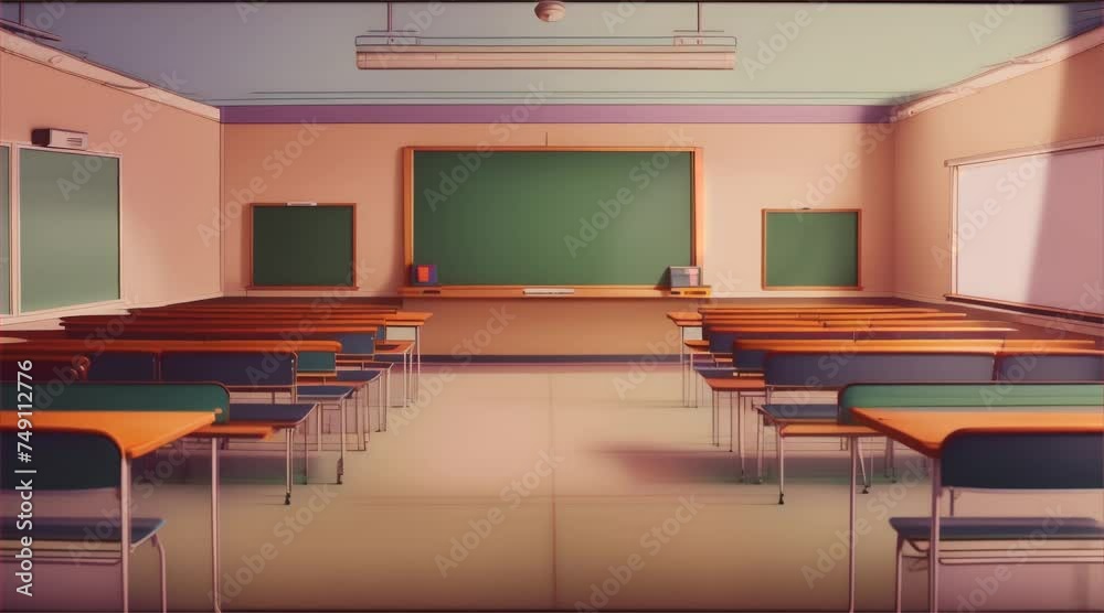 School classroom with furniture, including tables, chairs, and a TV ...