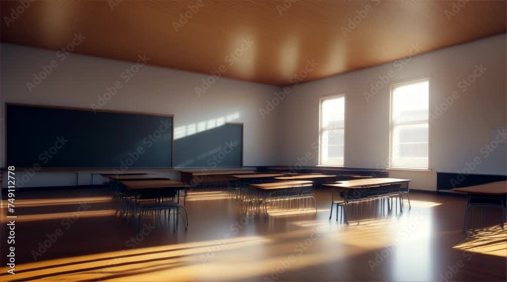 School classroom with furniture, including tables, chairs, and a TV ...